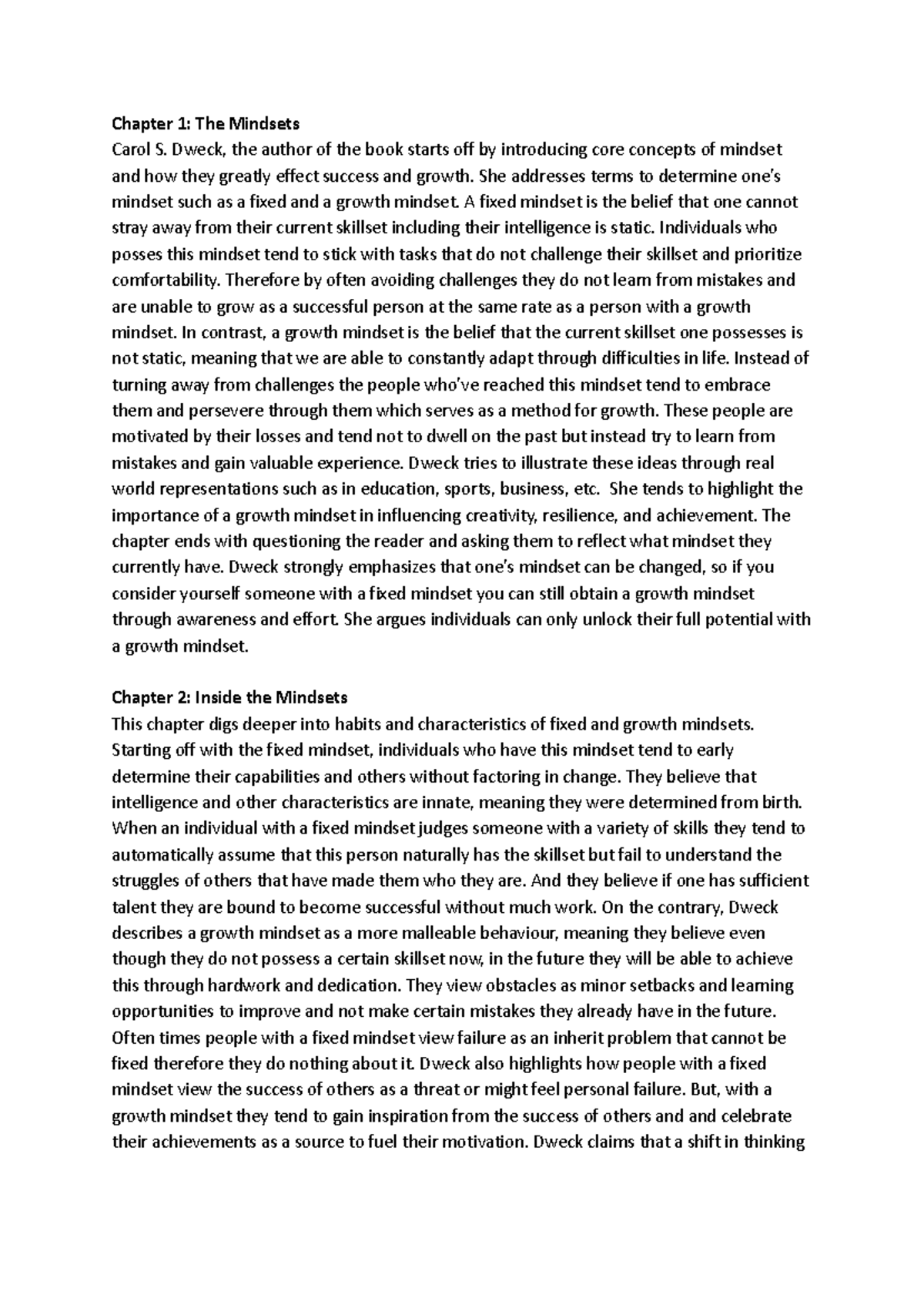 Mindset The New Pschology of Success Summary - Chapter 1: The Mindsets Carol S. Dweck, the ...