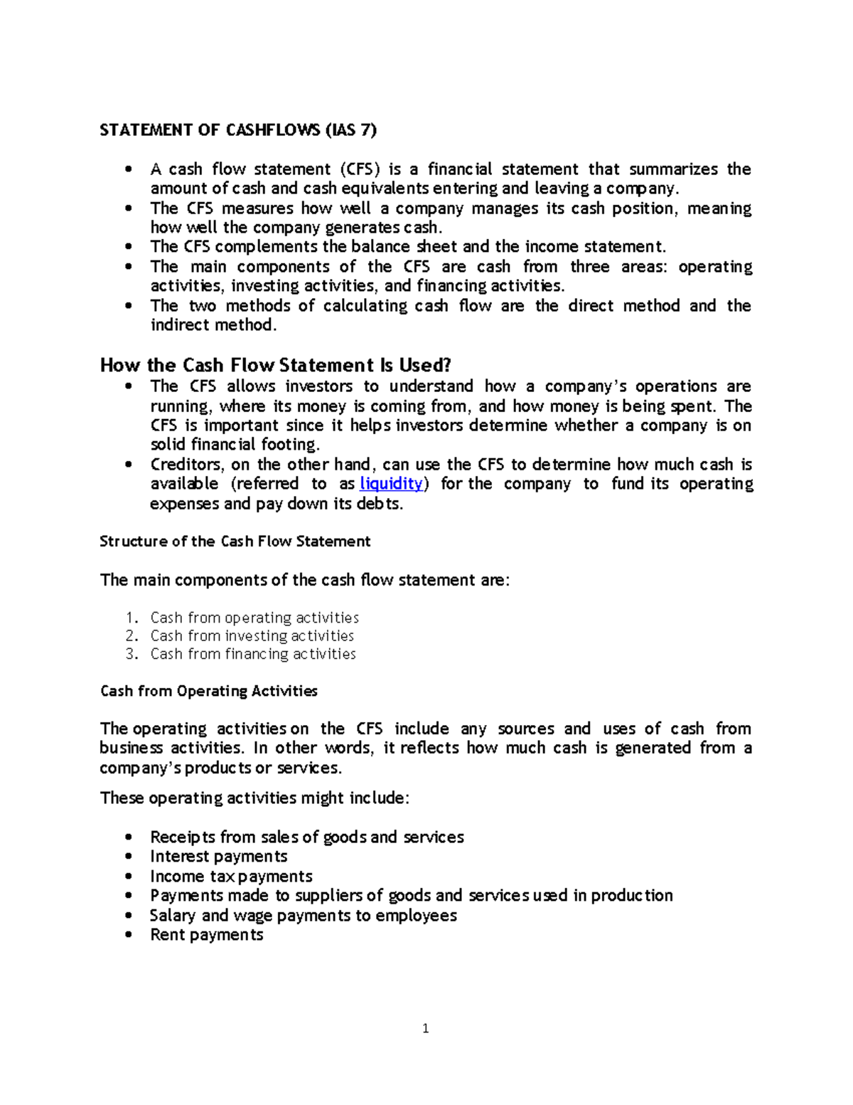 Statement of cashflows - STATEMENT OF CASHFLOWS (IAS 7) A cash flow ...