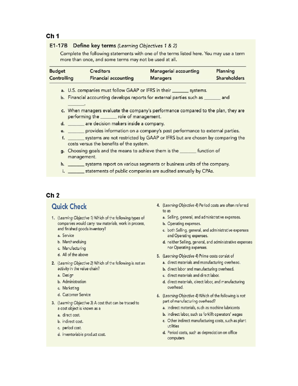 Optional Exercises (Ch 1 - 5) - Introduction to Management Accounting - Ch Ch Ch Ch Ch Ch Ch ...