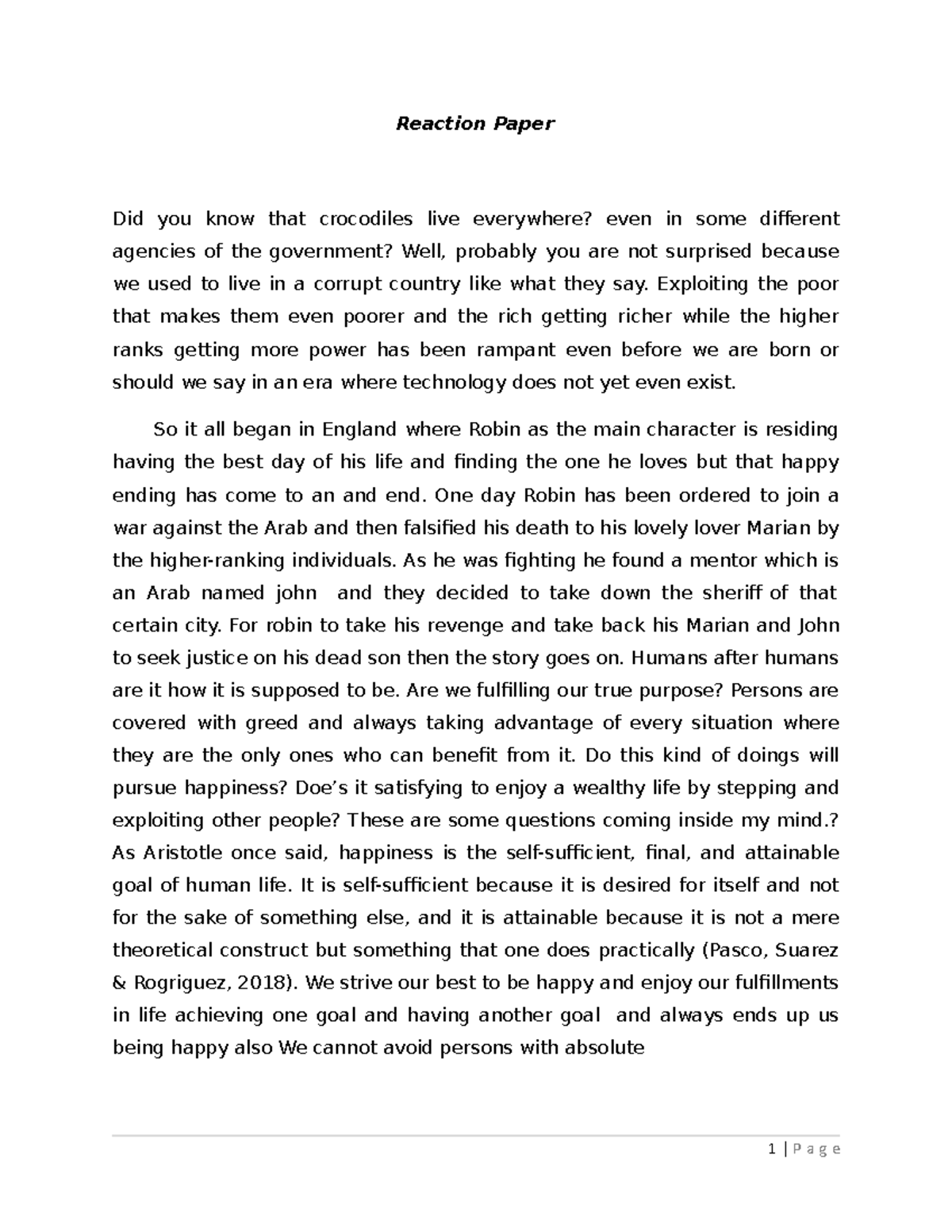 Film Reaction paper - Reaction Paper Did you know that crocodiles live ...