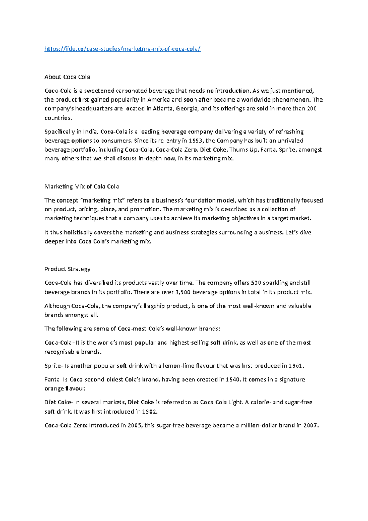 Https - draft work - iide/case-studies/marketing-mix-of-coca-cola ...