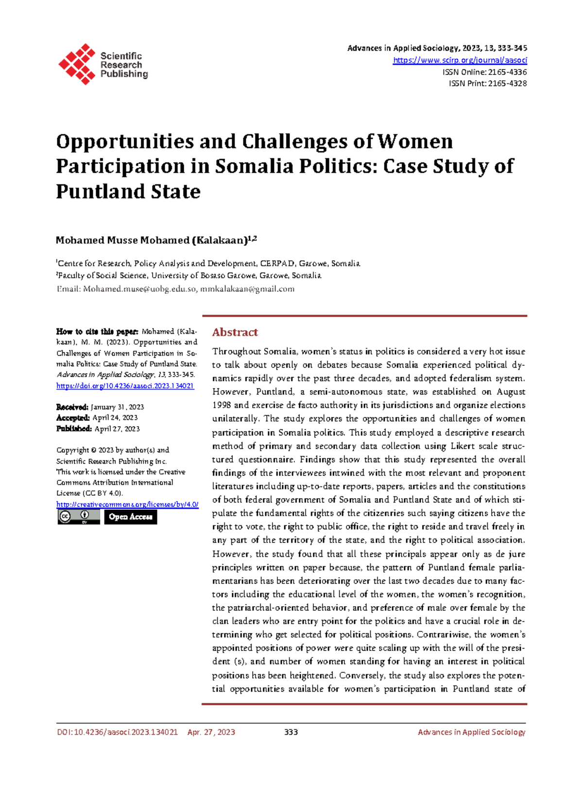 Opportunities and Challenges of Women Participation in Somalia Politics Case Study of Puntland ...