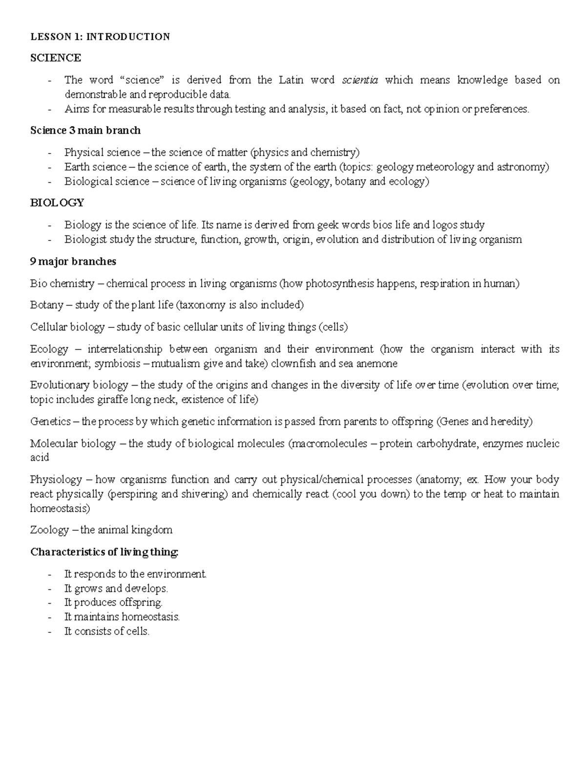 Biology - Lesson 1 - Introduction - LESSON 1: INTRODUCTION SCIENCE The ...