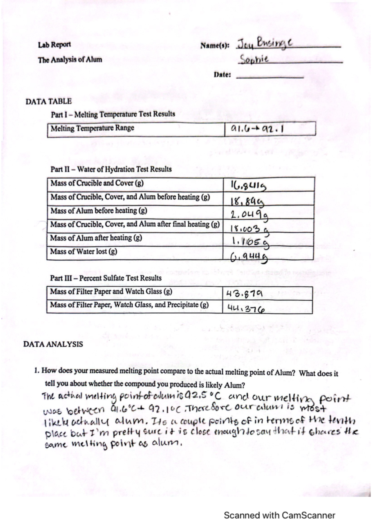 Analysis of Alum Lab Report - Lab Report Name(s): Jou Businge The ...