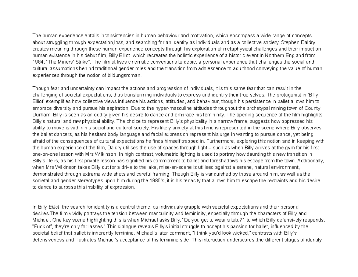 HSC Billy Elliot - very useful - The human experience entails ...