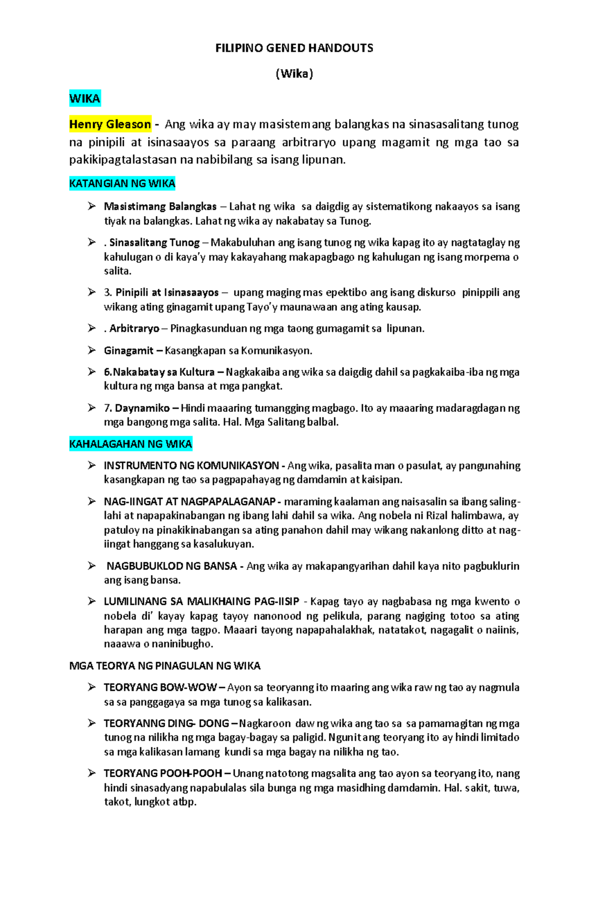Wika Gened Filipino Handouts - FILIPINO GENED HANDOUTS (Wika) WIKA ...