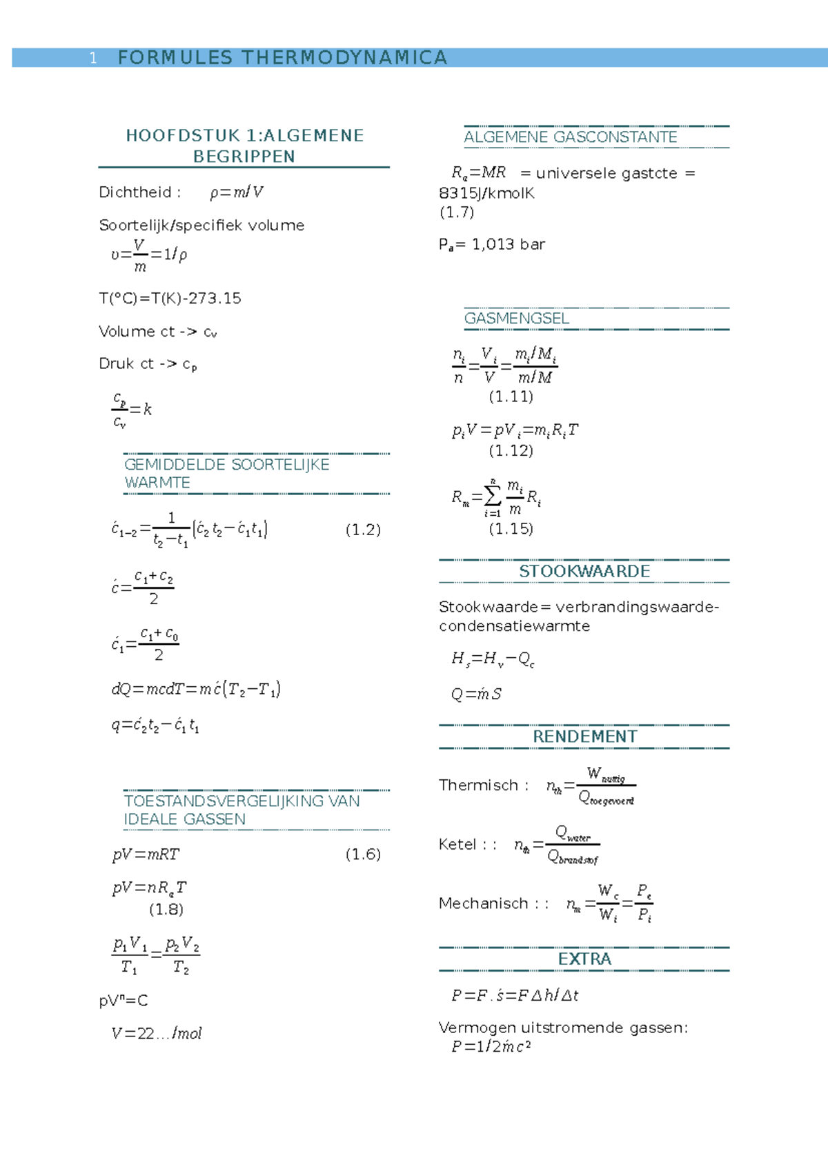 Formules thermodynamica - FORMULES THERMODYNAMICA 1 HOOFDSTUK 1 ...