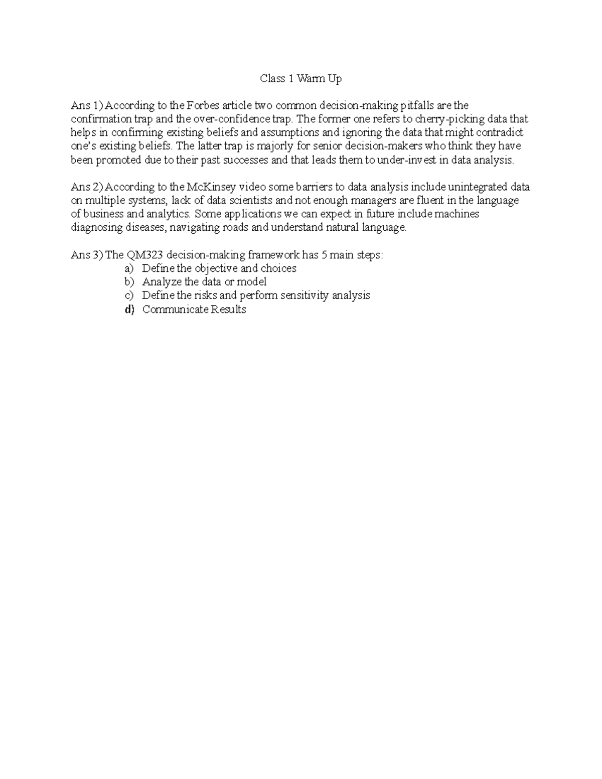 Class 1 Warm Up, Assignment due before each class - Class 1 Warm Up Ans ...