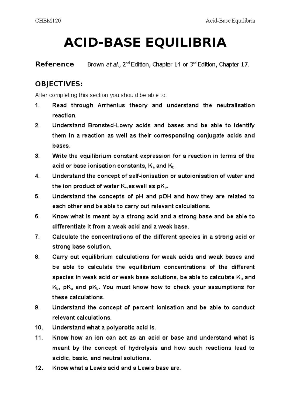 Acids and Bases - ACID-BASE EQUILIBRIA Reference Brown et al., 2nd ...