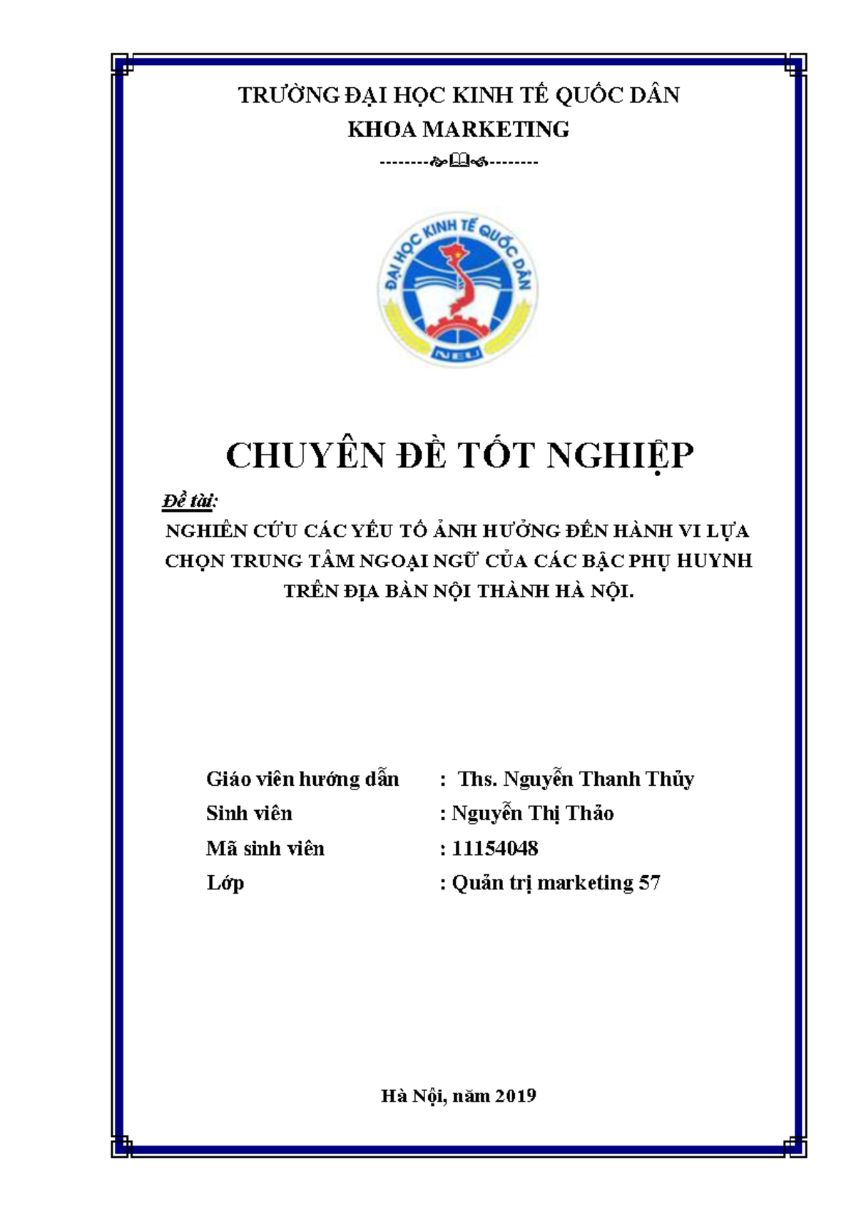 Nghiên CỨu CÁc YẾu TỐ Ảnh HƯỞng ĐẾn HÀnh Vi LỰa ChỌn Trung TÂm NgoẠi