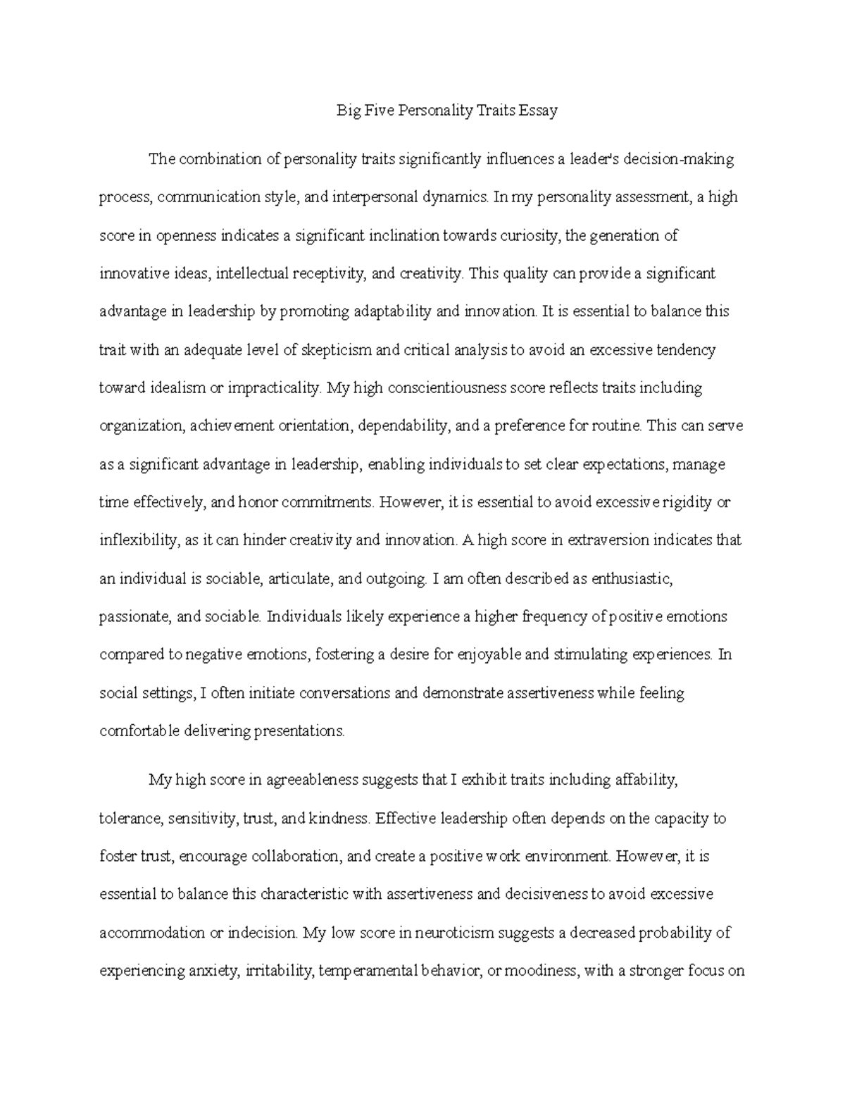 Big Five Personality Traits Essay - In my personality assessment, a ...