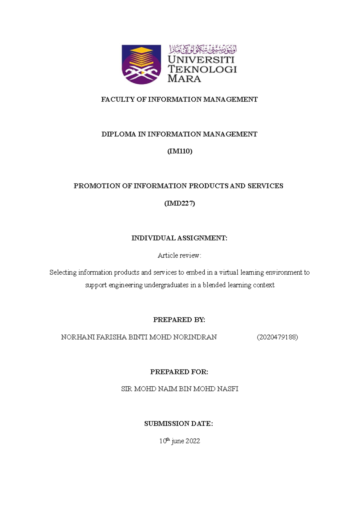 Article Review IMD227 - FACULTY OF INFORMATION MANAGEMENT DIPLOMA IN ...