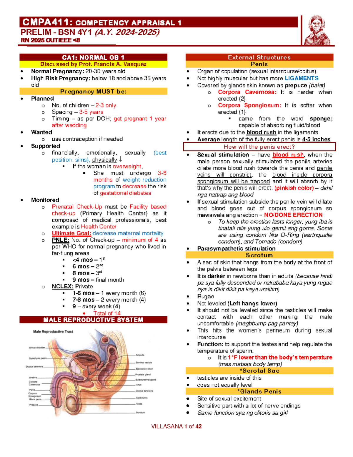 CA1 Normal OB Lecture 1 abv - CMPA 411 : COMPETENCY APPRAISAL 1 PRELIM - BSN 4 Y 1 (A. 202 4 ...