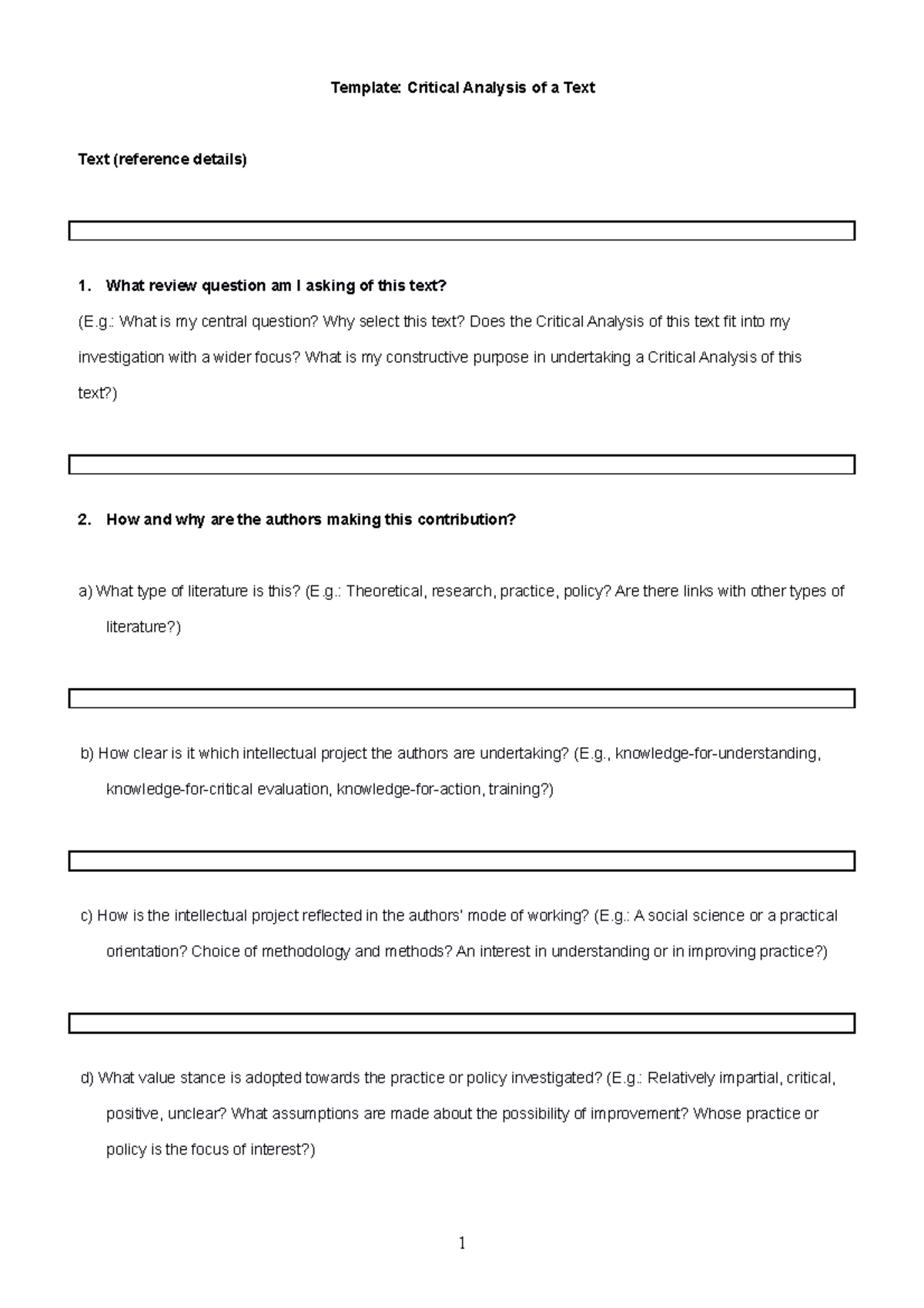 Critical Analysis template - Template: Critical Analysis of a Text Text ...