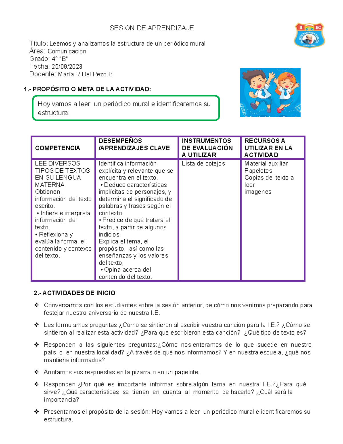 Sesion de Aprendizaje cuarta sem Set Com - SESION DE APRENDIZAJE Título: Leemos y analizamos la ...