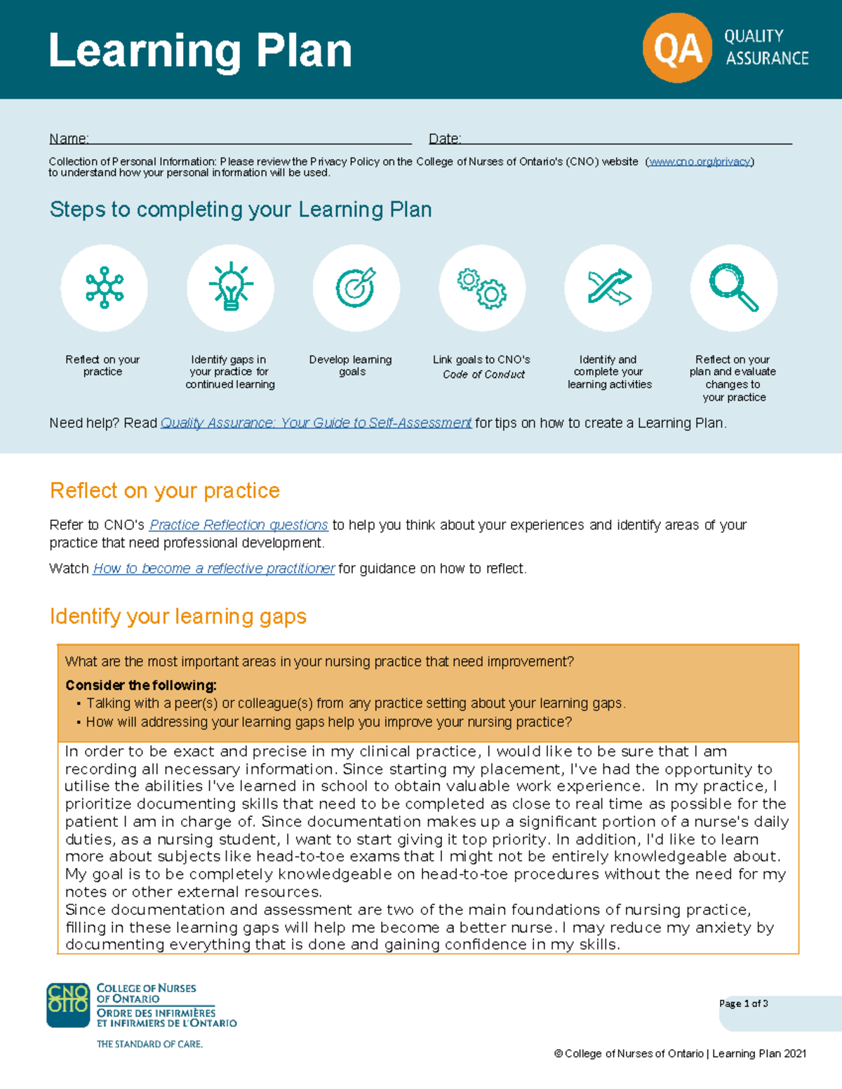 CNO Learning-Plan- Clinical - ####### Page 1 of 3 ####### © College of ...