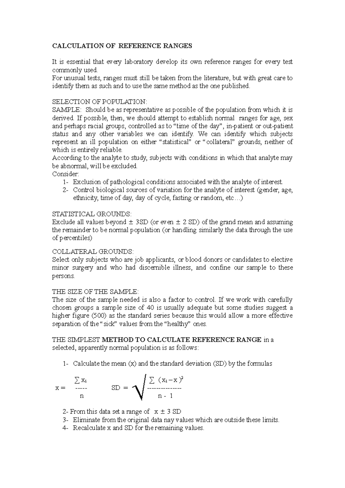 Calculation OF Reference Ranges - CALCULATION OF REFERENCE RANGES It is ...