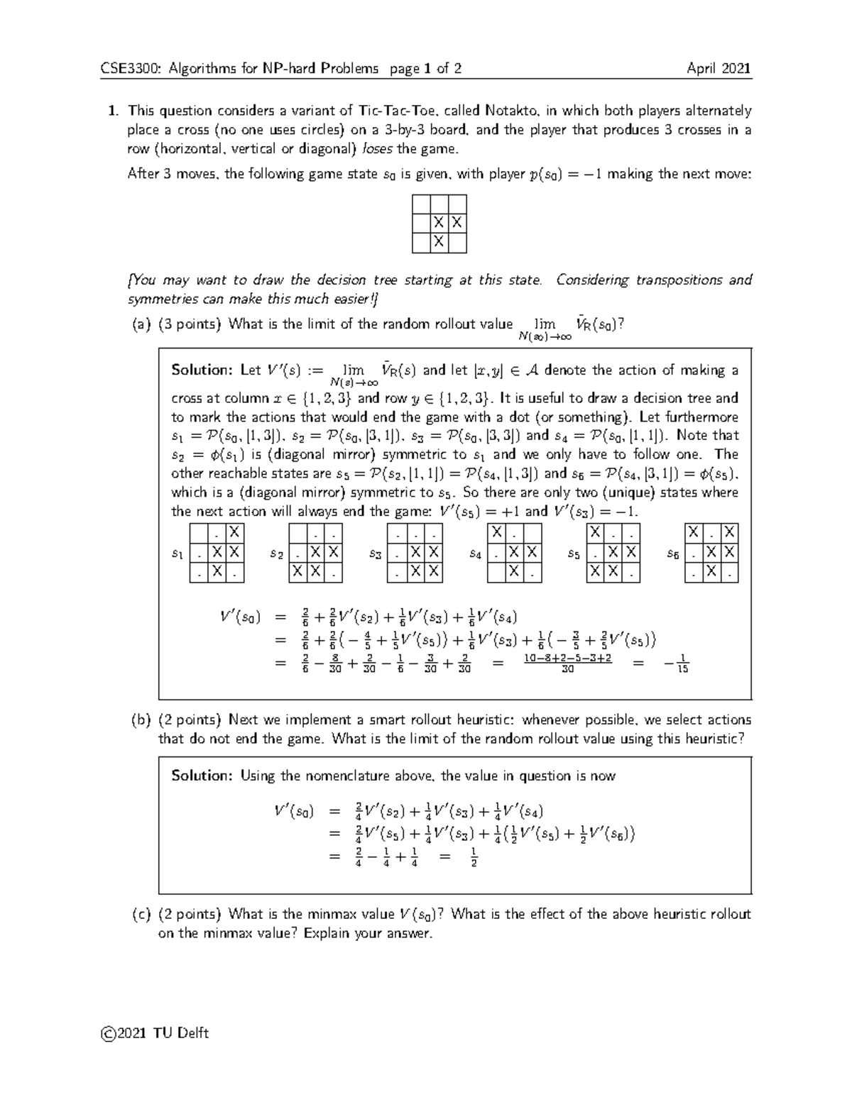 Sample Exam Question Part 2 Solutions Cse3300 Algorithms For Np Hard Problems Page 1 Of 2 