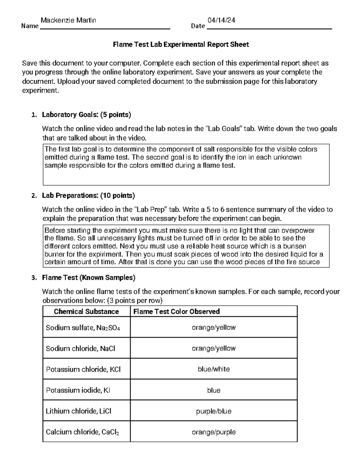 Flames+Test+Lab+Worksheet - Name Date Flame Test Lab Experimental ...