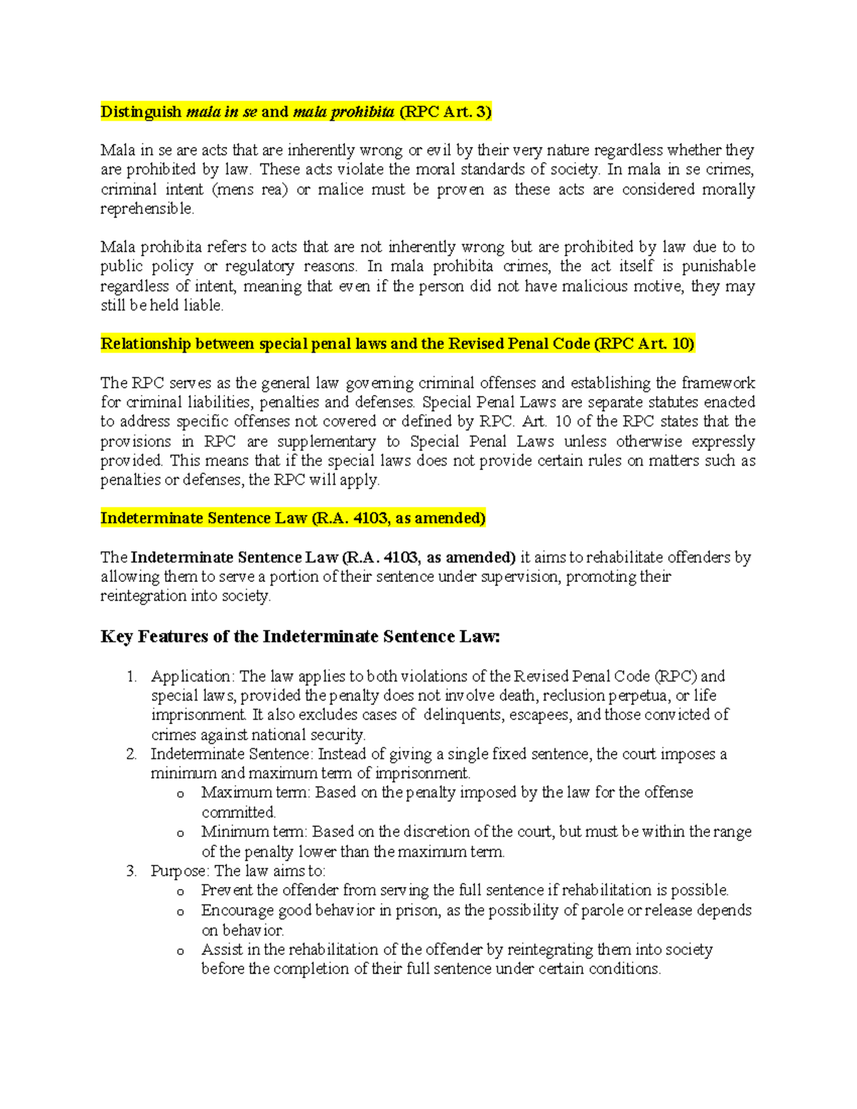 Distinguish mala in se and mala prohibita - 3) Mala in se are acts that ...