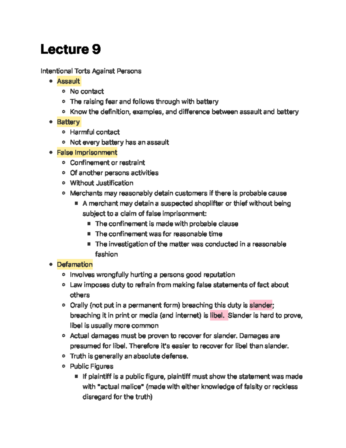 Lecture 9 - Cochran - Lecture 9 Intentional Torts Against Persons Assault No contact The raising ...