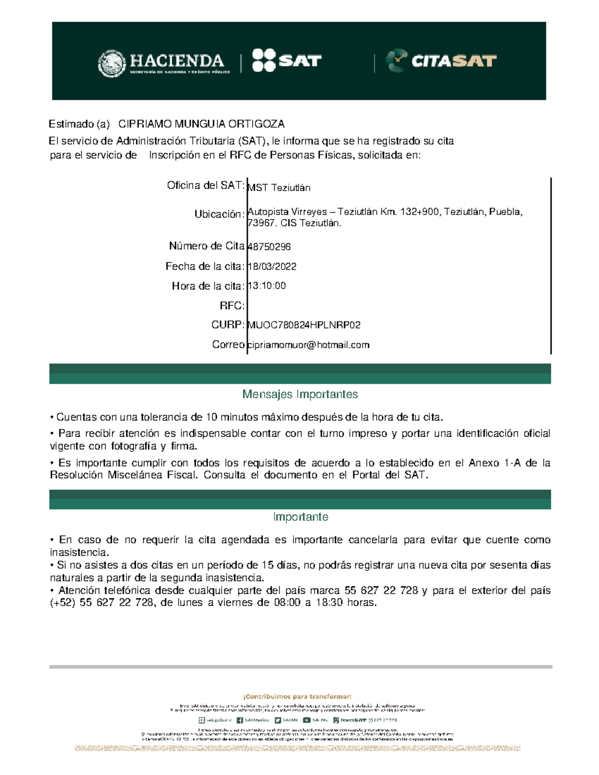Acuse Cita crear una cita - Inscripción en el RFC de Personas Físicas ...