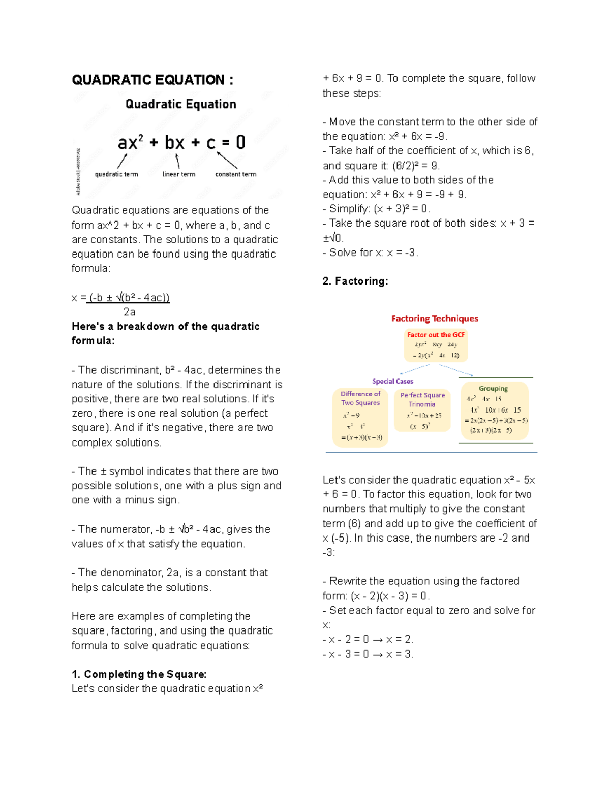 Math Review Notes - QUADRATIC EQUATION : Quadratic equations are ...