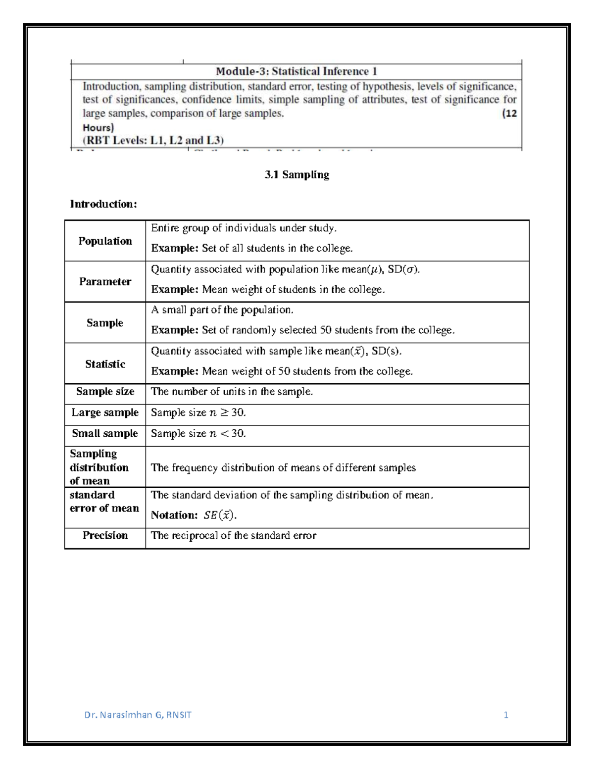 BCS301-Module 3 - MATHS - 3 Sampling Introduction: Population Entire group of individuals under ...