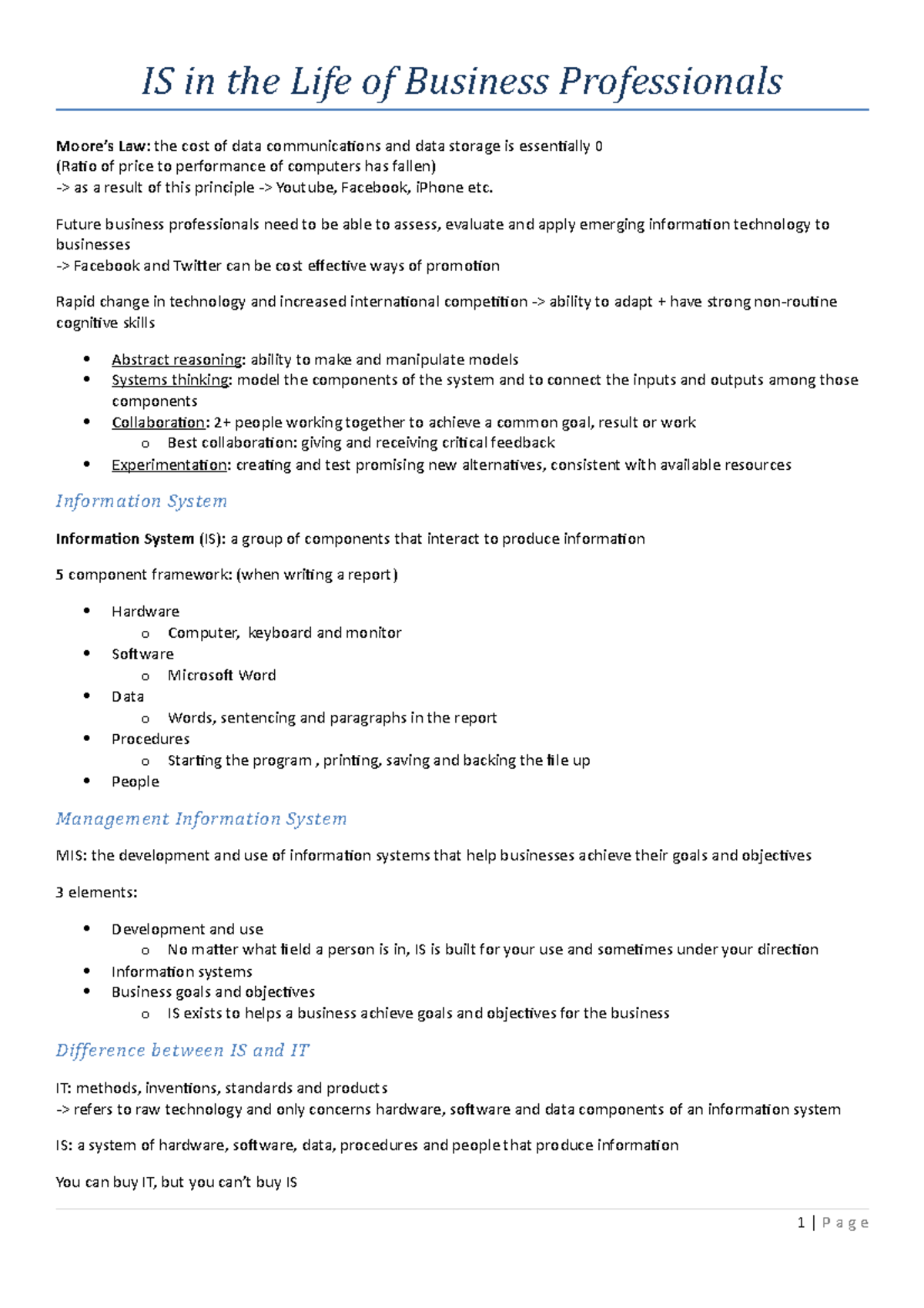 Information System Notes - IS in the Life of Business Professionals Law ...