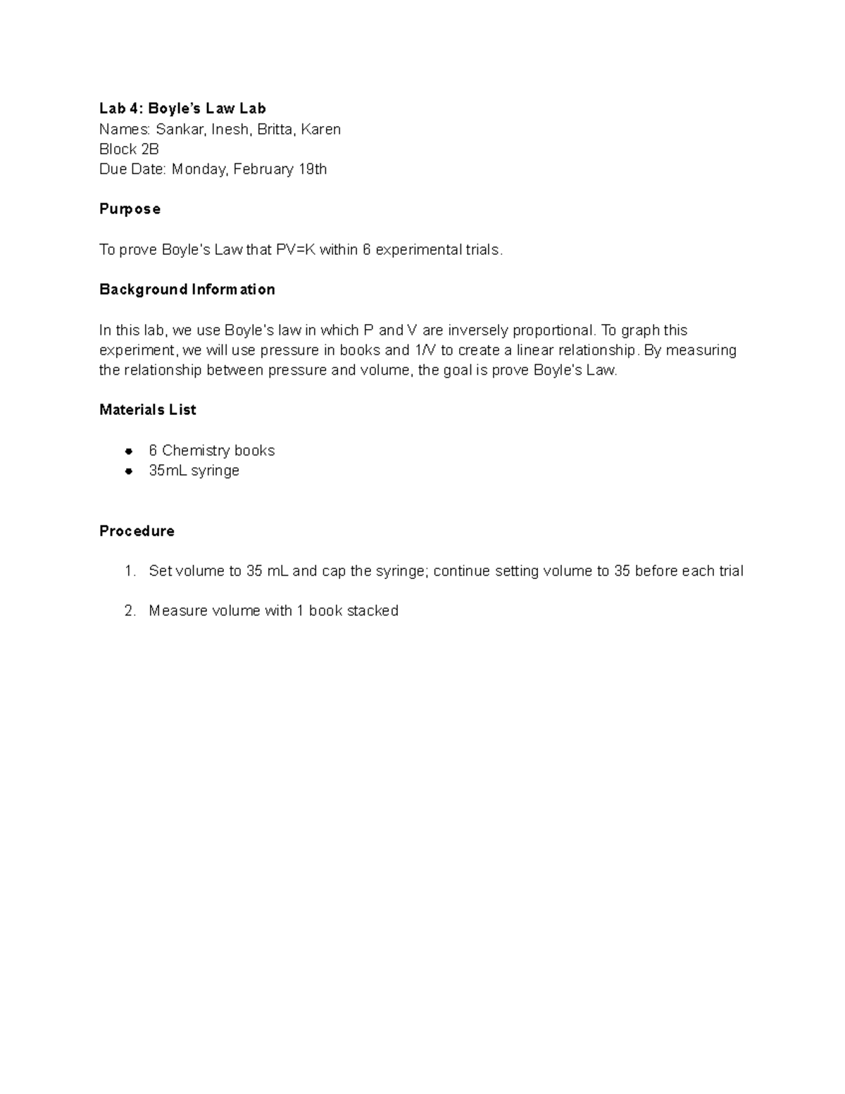 Boyle’s Law Lab - Boyles law lab report for advanced chemistry - Lab 4 ...