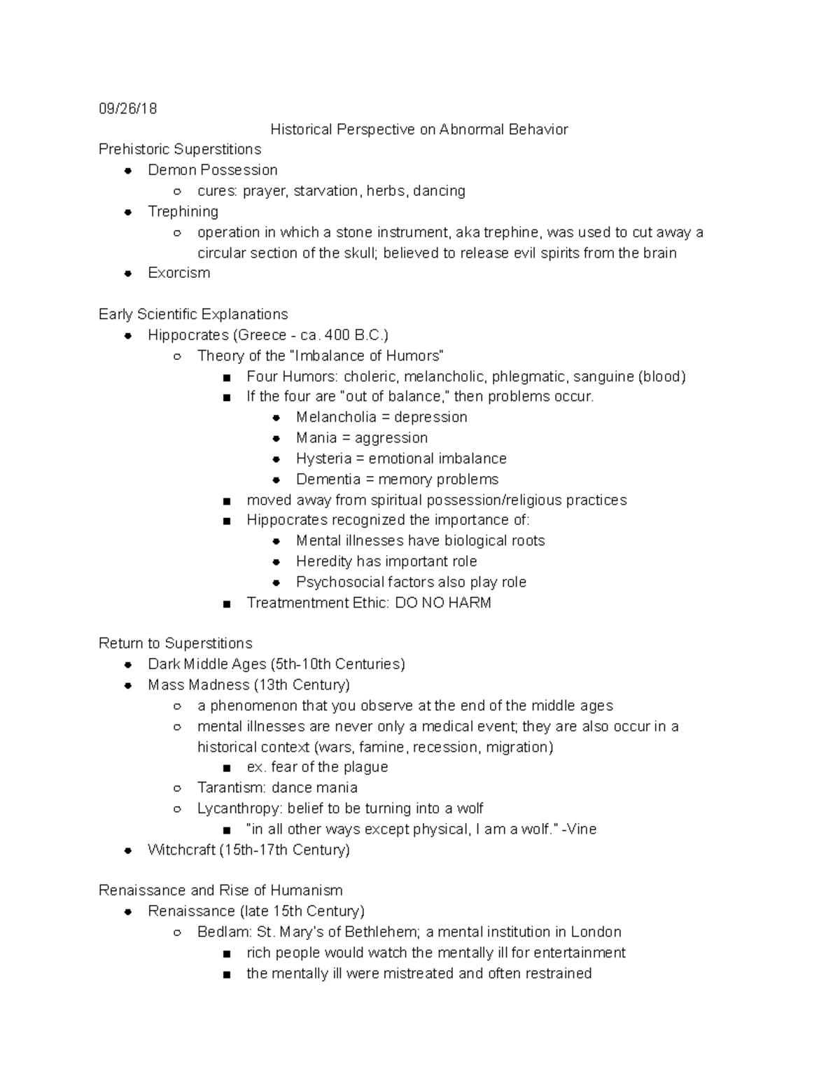 Abnormal Psychology - Week 1 - 09/26/ Historical Perspective on ...