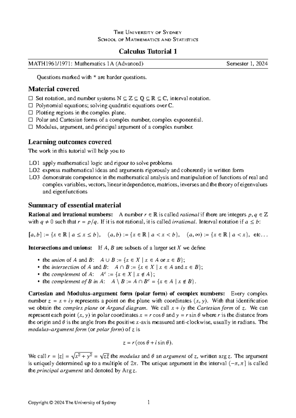 Calculus-tutorial-1 - maths - The University of Sydney School of ...