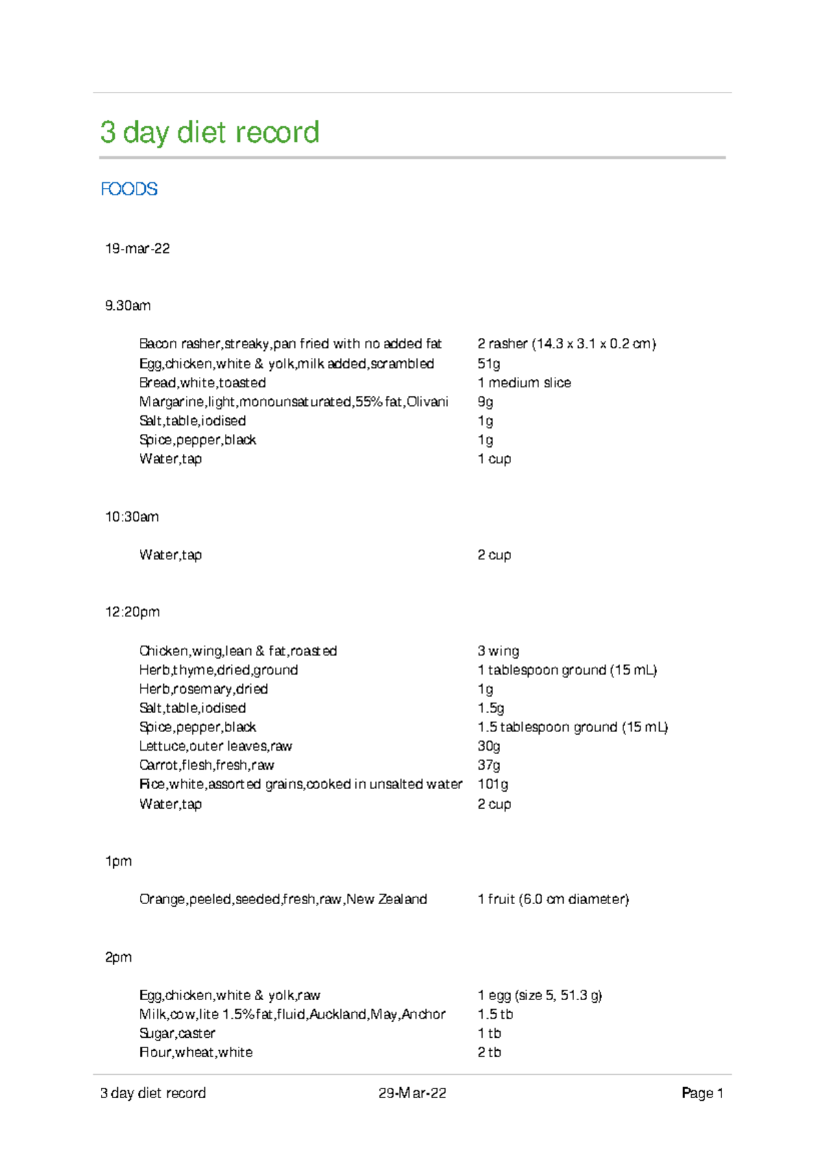 3 Day Diet Record Human Nutrition University Of Otago StuDocu
