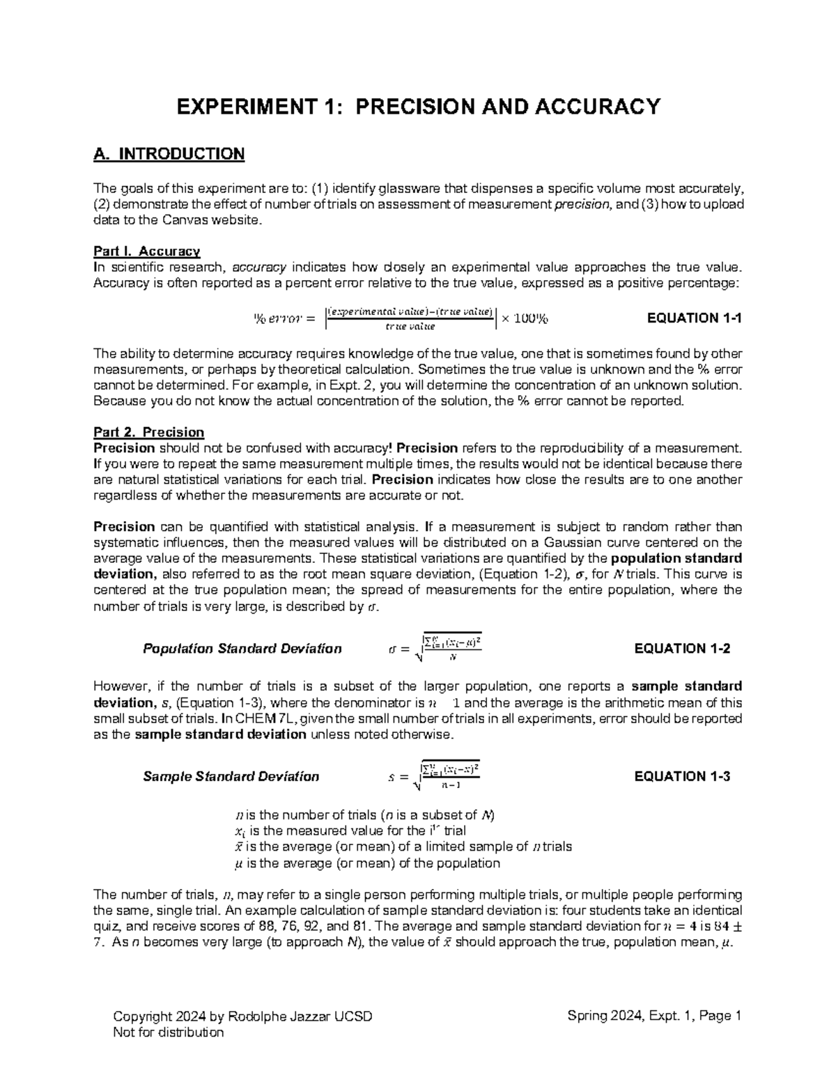 CHEM 7L Manual - Experiment 1 SP 24 - Spring 2024 , Expt. 1, Page 1 ...