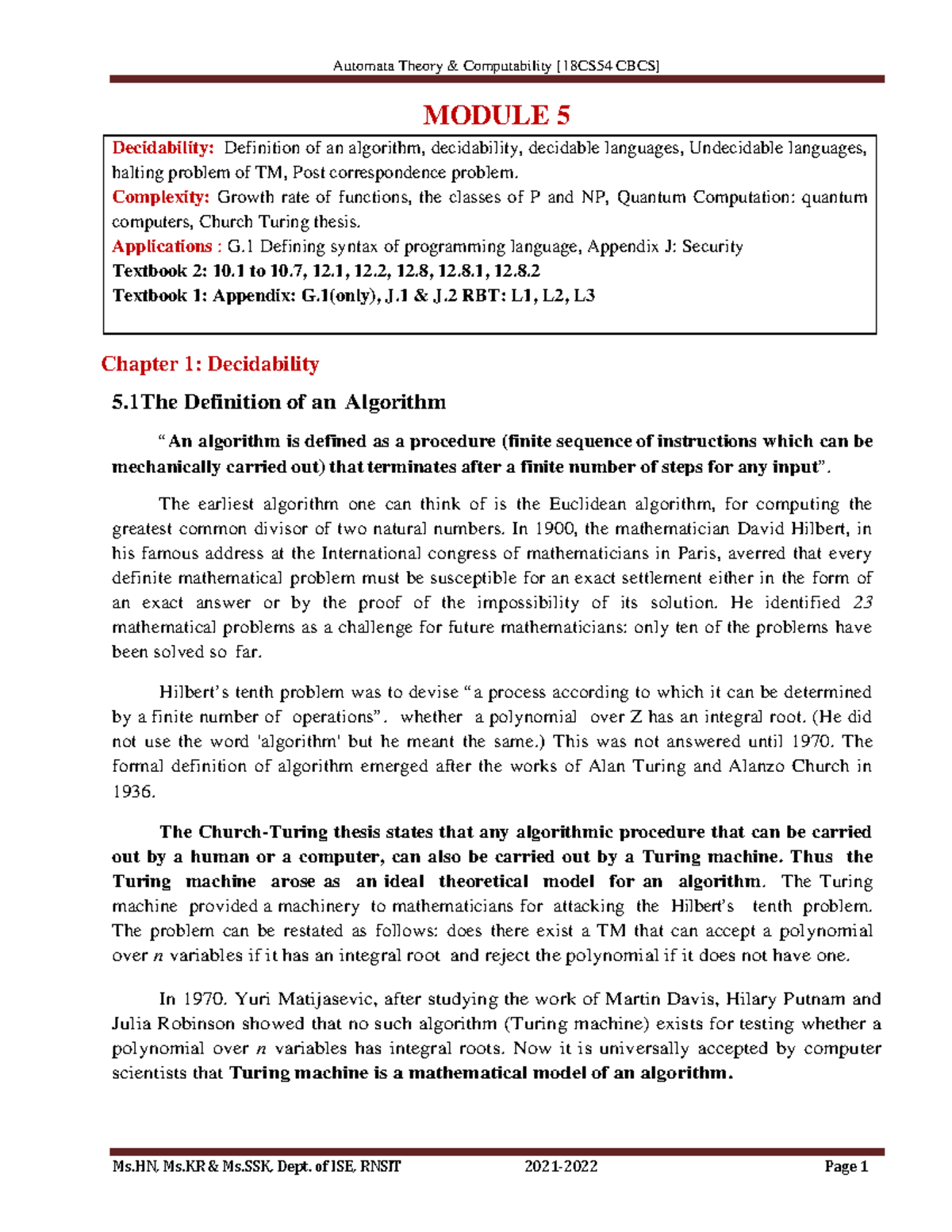ATC- Module 5- 2021-converted - MODULE 5 Decidability: Definition of an algorithm, decidability ...