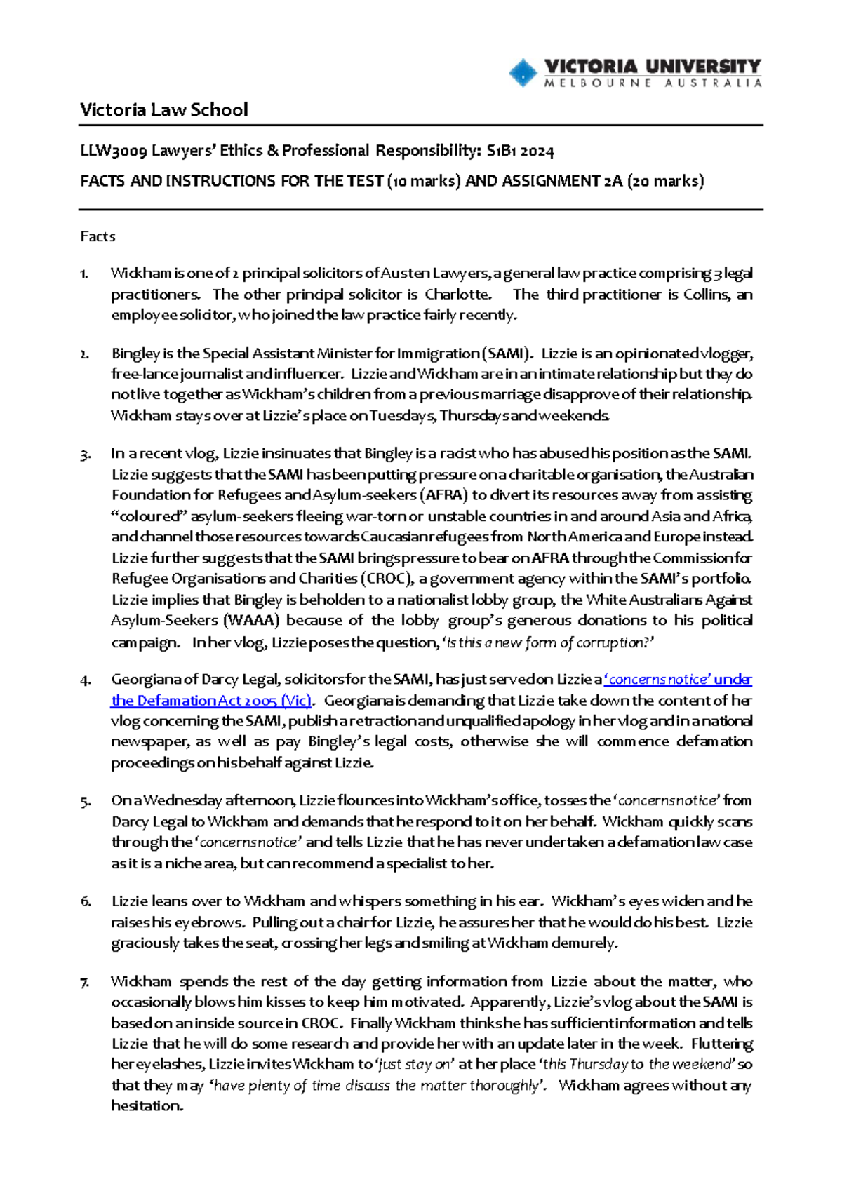 LLW3009 S1B1 2024 Facts & Instructions for the Test and Assignment 2A ...