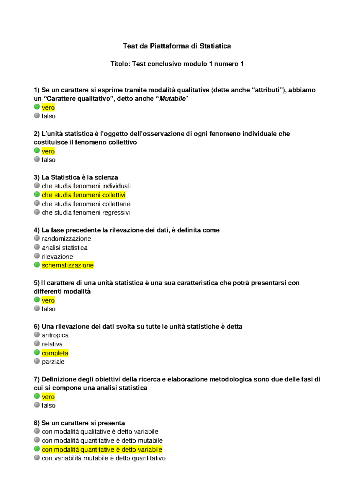 domande e risposte - Test da Piattaforma di Statistica Titolo: Test ...