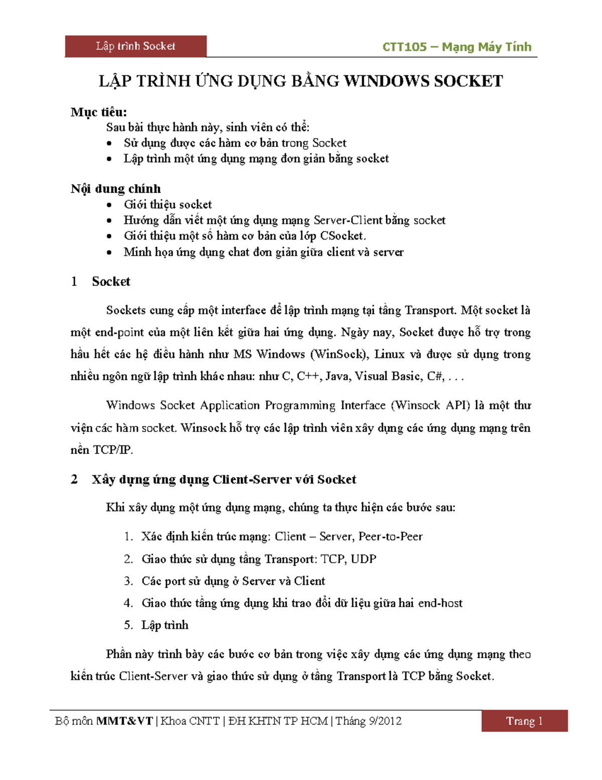 Tuan 6 - Socket - speaking - LẬP TRÌNH ỨNG DỤNG BẰNG WINDOWS SOCKET Mục tiêu: Sau bài thực hành ...