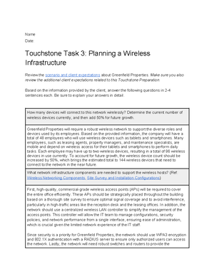 Touchstone 1 Planning Network Infrastructure - Name: Date: January 28, 2024 Touchstone Task 1 ...