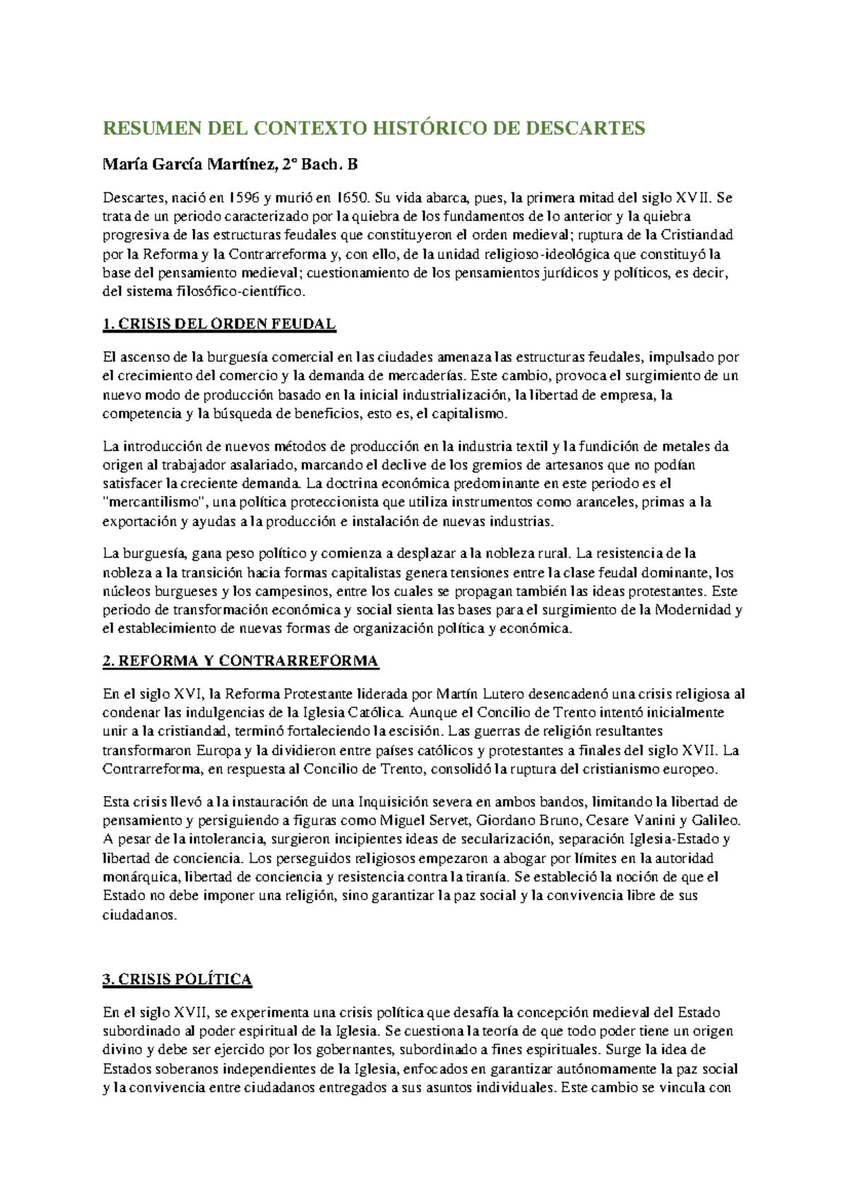 Resumen Descartes - RESUMEN DEL CONTEXTO HISTÓRICO DE DESCARTES María ...