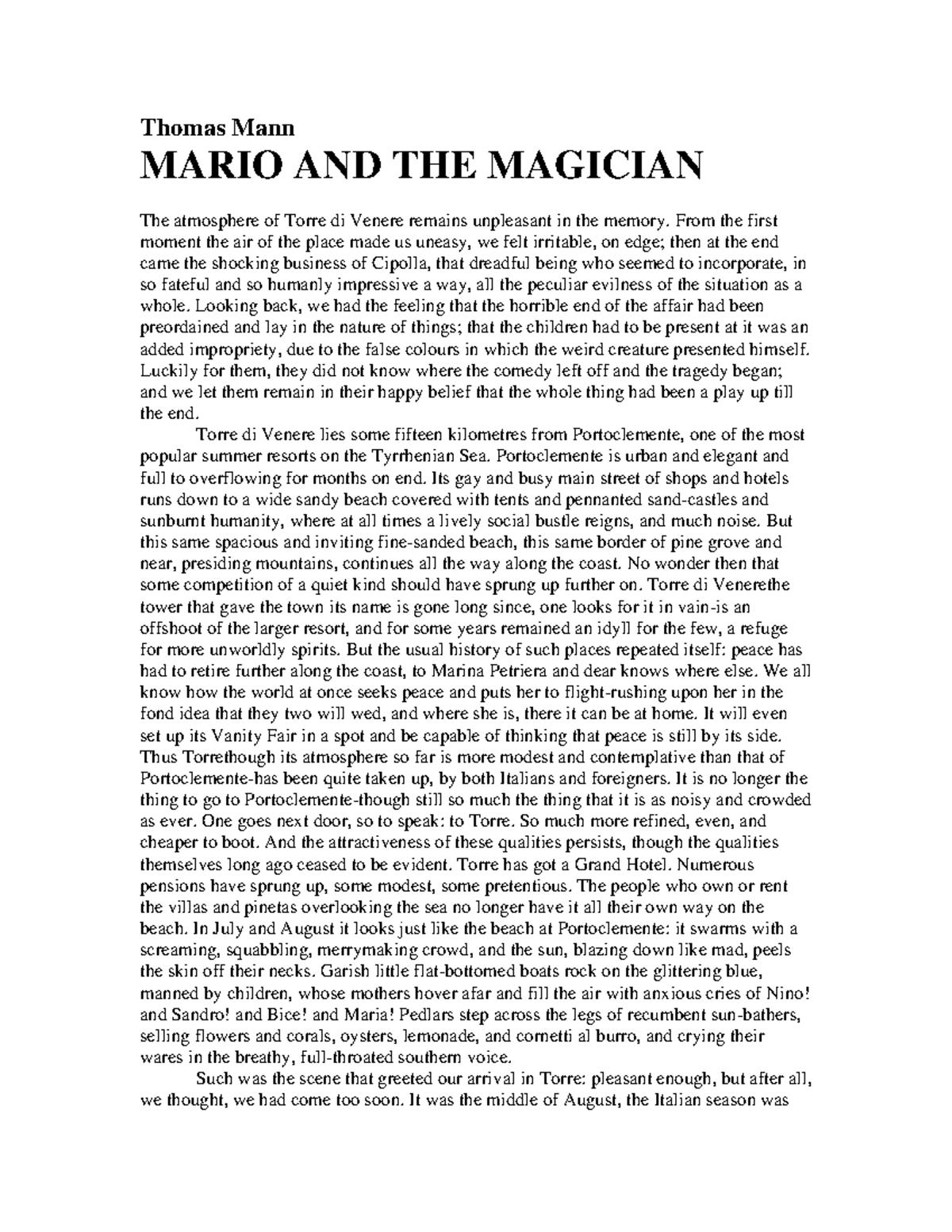Mario and the Magician - N/A - Thomas Mann MARIO AND THE MAGICIAN The ...