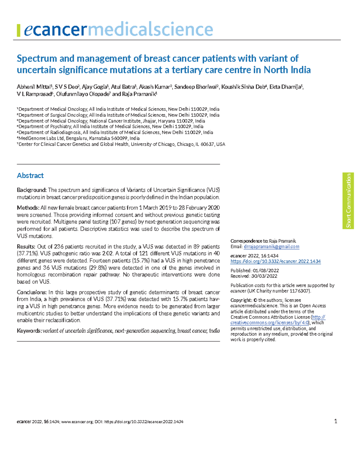 Ecancermedicalscience 2022 article 1434 - Spectrum and management of ...