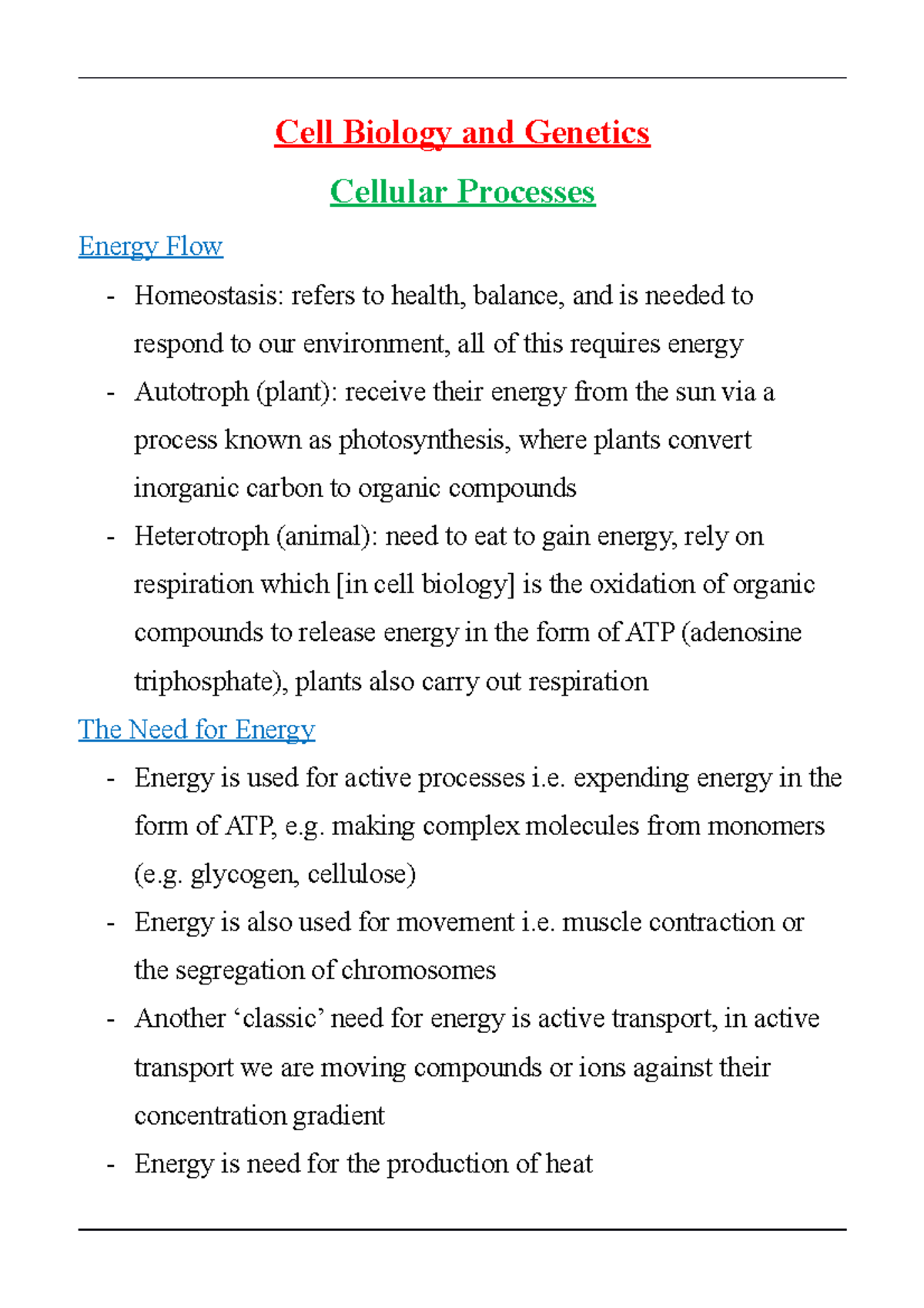 Summary Cellular Processes - Cell Biology and Genetics Cellular ...