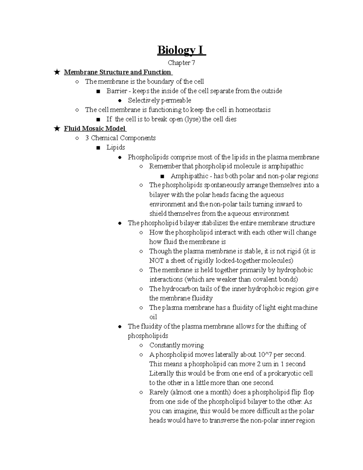 Biology I Chapter 7 - Biology I Chapter 7 ★ Membrane Structure and ...