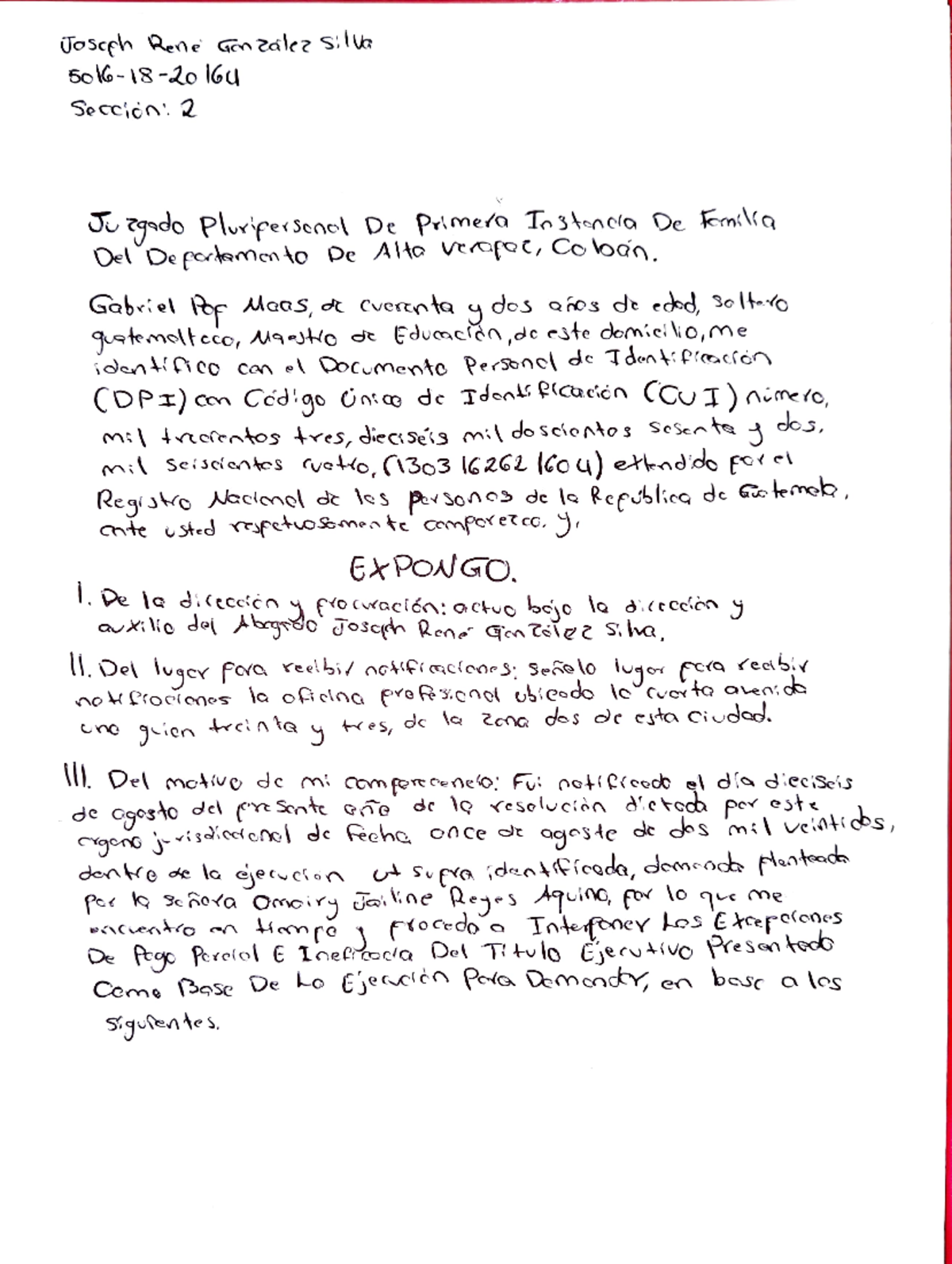 Oposicion de Juicios - leyes - Josc h Rene Gaon 2alez Sile Se ccin: 2 ...