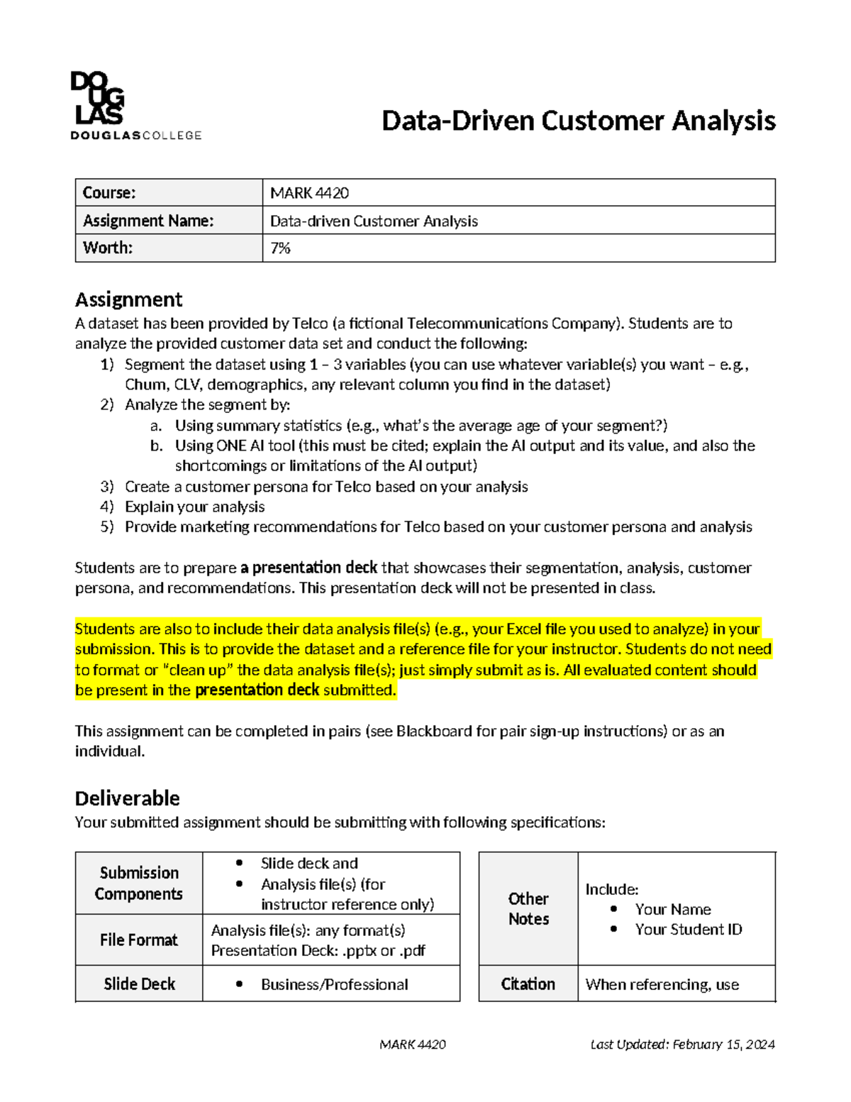 MARK4420 Assignment 1 Customer Analysis Overview-W24 - Data-Driven Customer Analysis Course ...