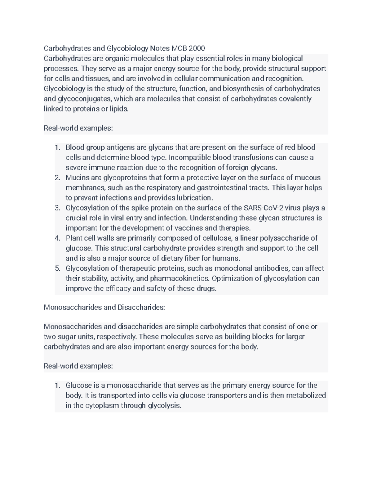 Carbohydrates and Glycobiology Notes MCB 2000 - They serve as a major ...