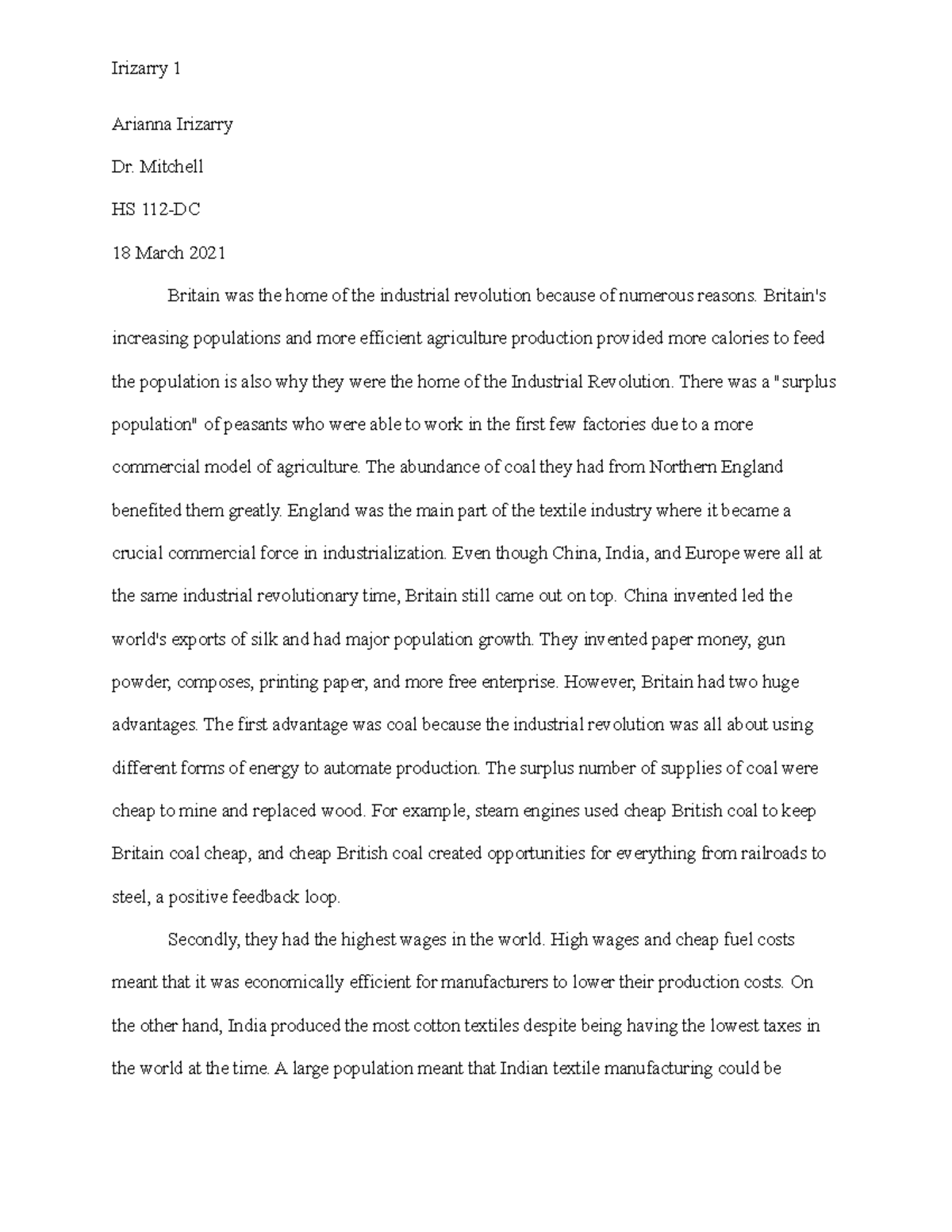 Week 8 Assignment - Irizarry 1 Arianna Irizarry Dr. Mitchell HS 112-DC ...