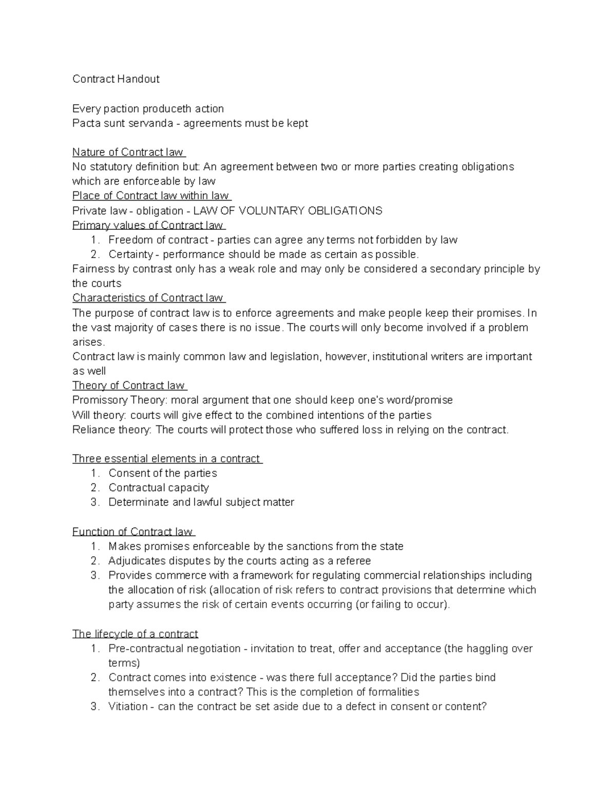 LS1520 Handout simplified - Contract Handout Every paction produceth ...