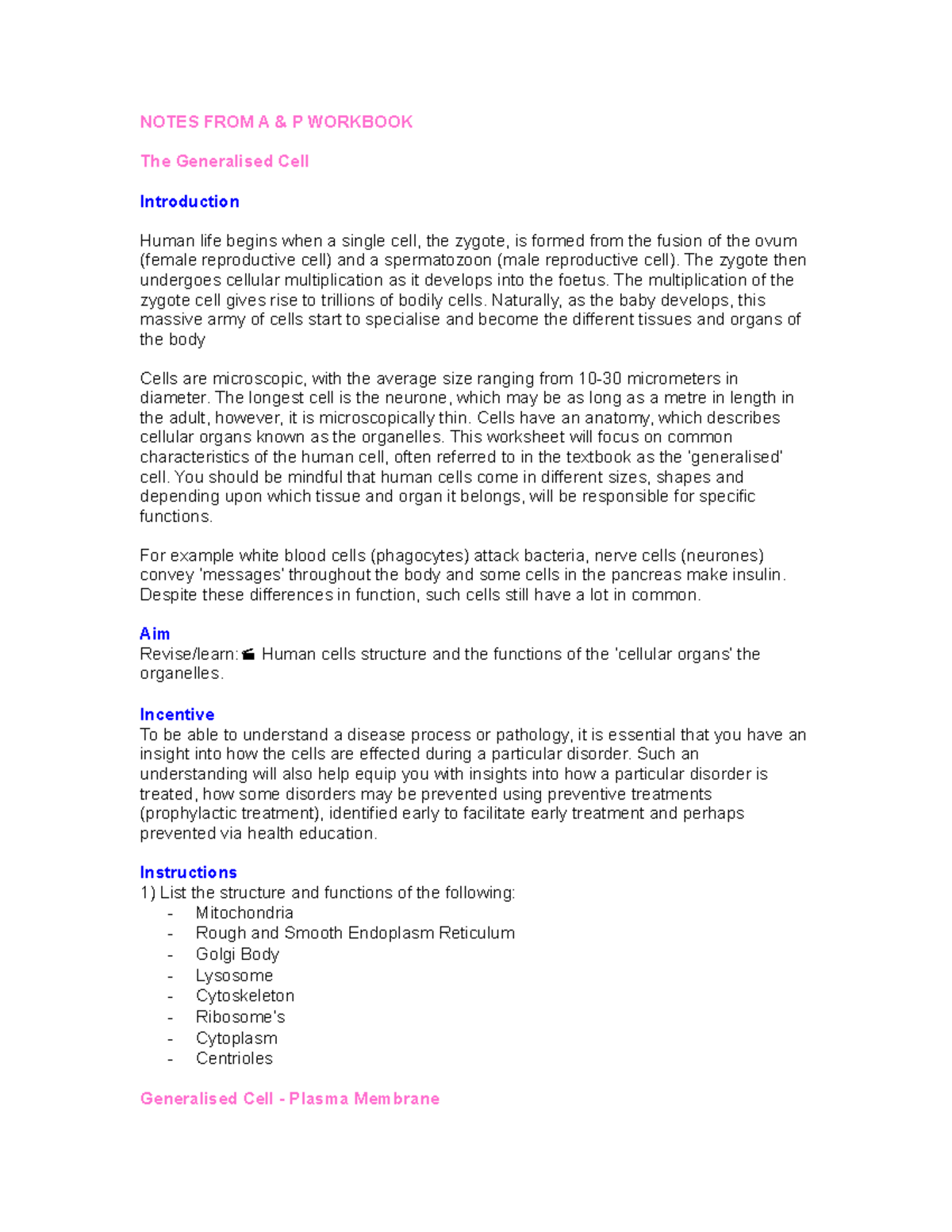 A & p notes - NOTES FROM A & P WORKBOOK The Generalised Cell ...